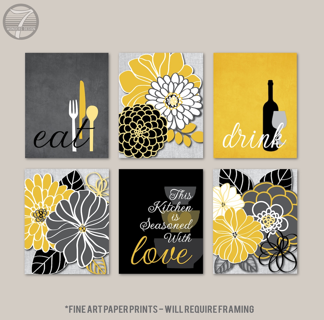 Rustic Kitchen Wall Art, Eat Drink Love, Mustard Gray Black Dining Room ...