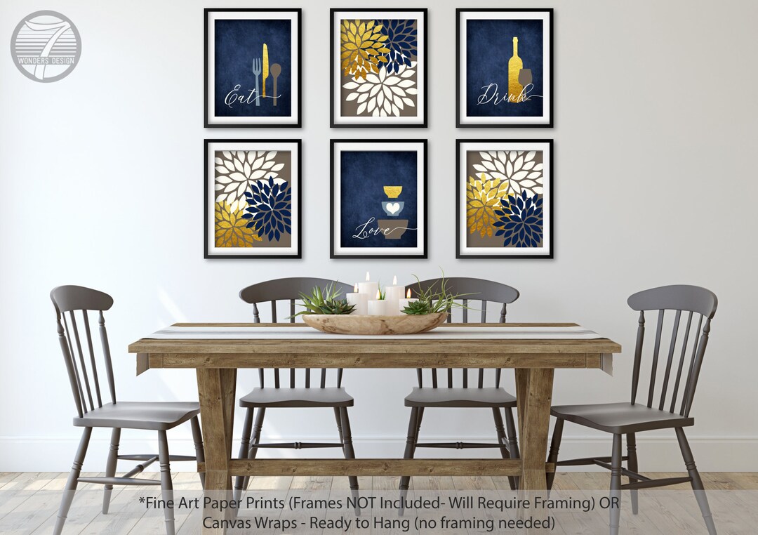 Kitchen Wall Art Print Set, Eat Drink Love, Floral Wall Art, Navy Faux ...