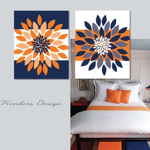 Floral Bursts Bold Stripes Wall Art Prints Modern Flower Decor, Orange ...