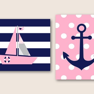 Girls Cute Nautical Navy Pink Nursery Bedroom Art Set, Personalized ...