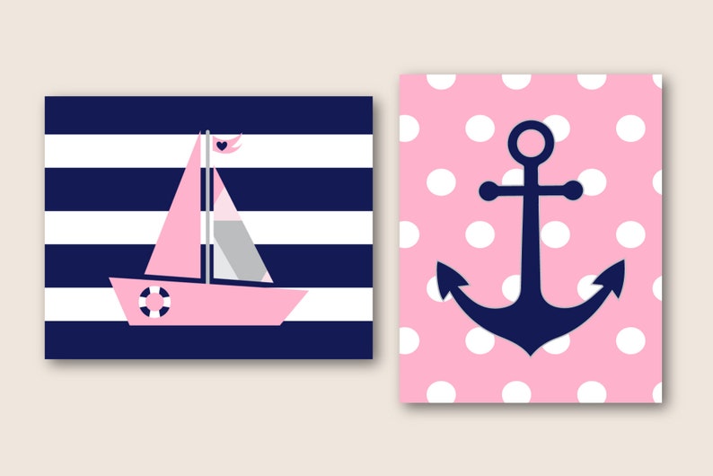 Girls Cute Nautical Navy Pink Nursery Bedroom Art Set, Personalized ...