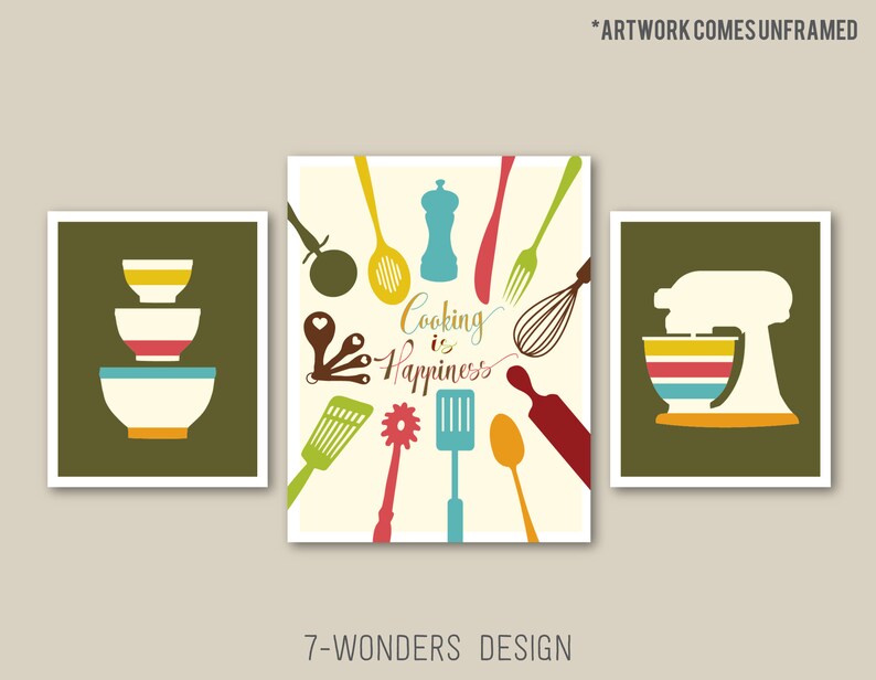 Kitchen Art Prints Cooking is Happiness, Utensils Bowls Boho Wall Art ...