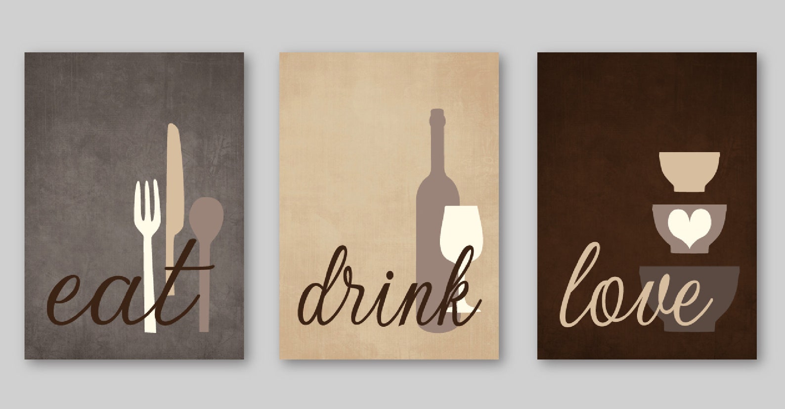 Kitchen Wall Art Print Set, Eat Drink Love Flower Bursts Neutral ...
