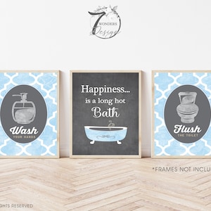 Modern Bathroom Art Prints, Happiness is a Long Hot Bath, Flush Wash ...