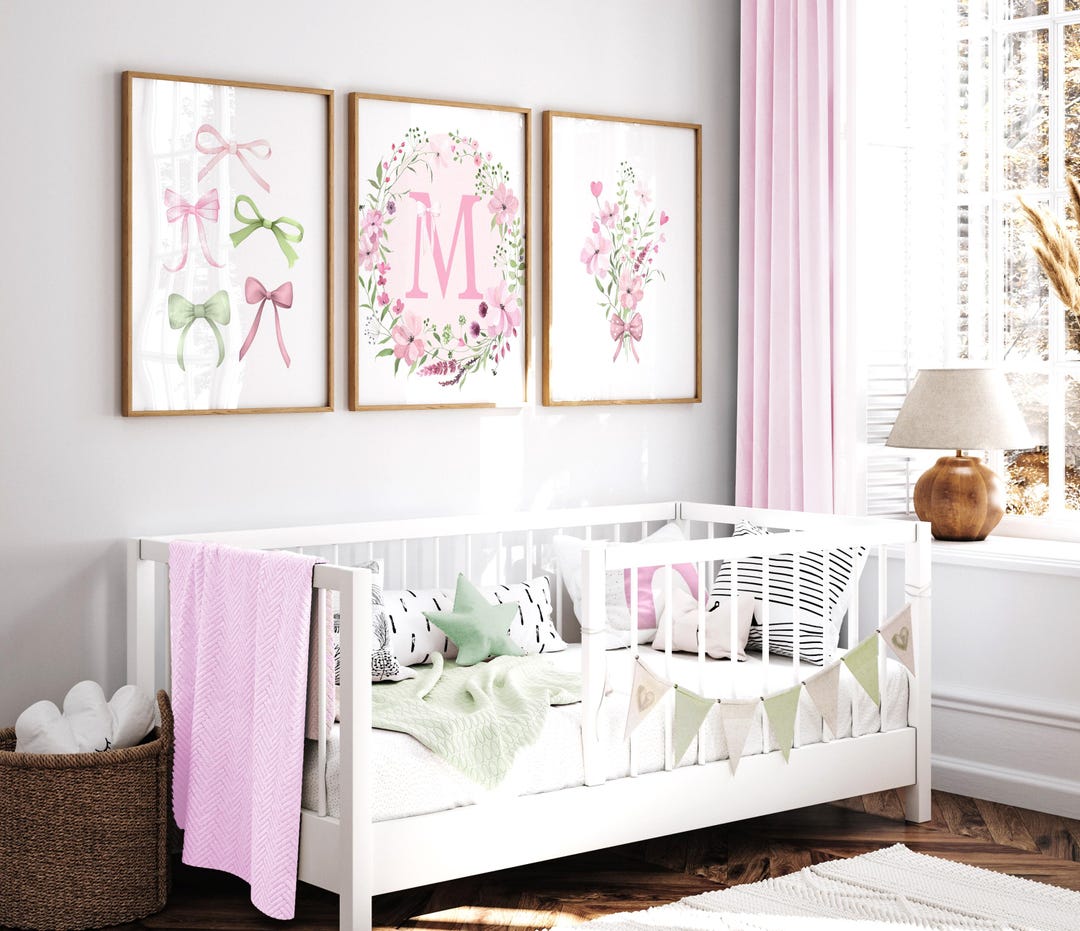 Pink Coquette Bows Girls Initial Art Prints Pink Green Wildflowers ...