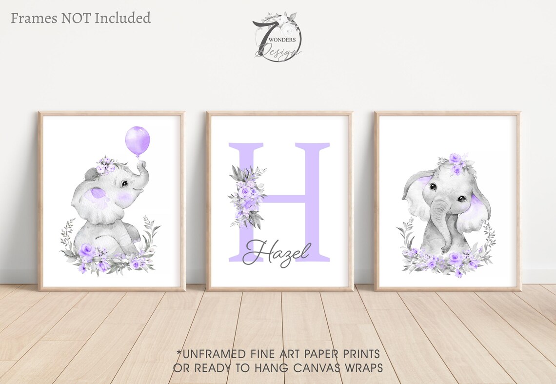 Girls Purple Grey Elephants Watercolor Nursery Name Initial Monogram ...