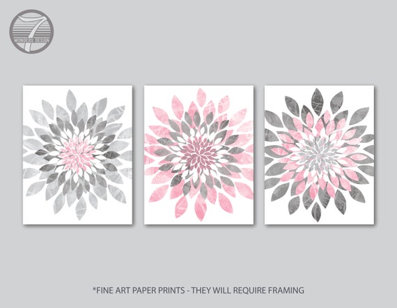 Distressed Floral Burst Print Pink Grey and White Modern | Etsy