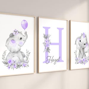 Girls Purple Grey Elephants Watercolor Nursery Name Initial Monogram ...