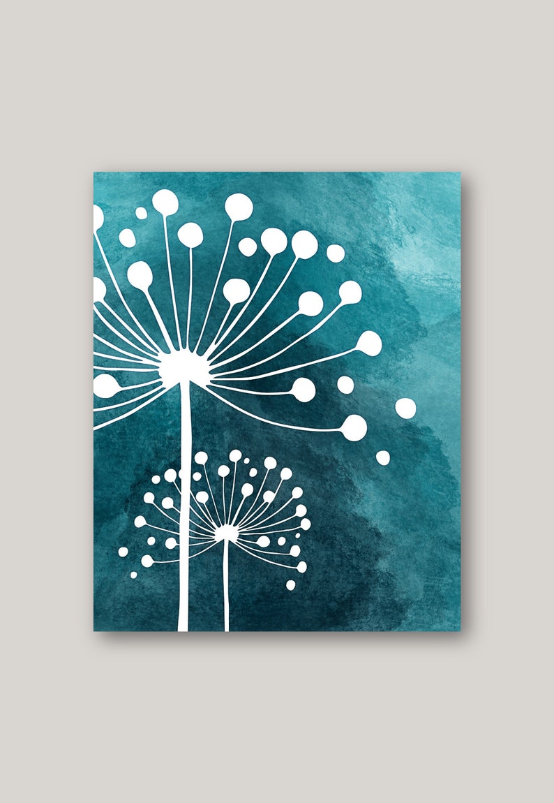 Teal Watercolor Abstract Dandelion Art Prints Modern Flower Decor ...