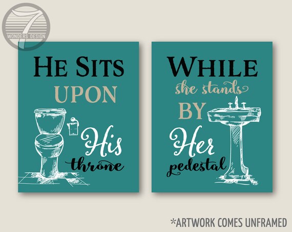 Pedestal Memes His & Her Bathroom Wall Art, Teal Tan Black, Funny Art,