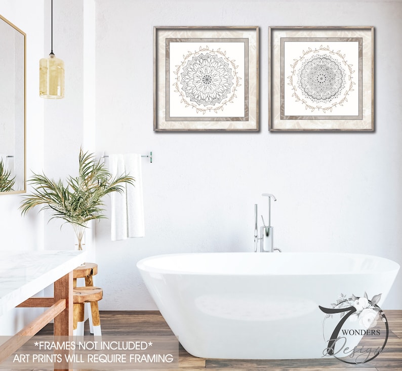 Calming Mandala Art Square Art Set of 2 // Distressed Neutral | Etsy