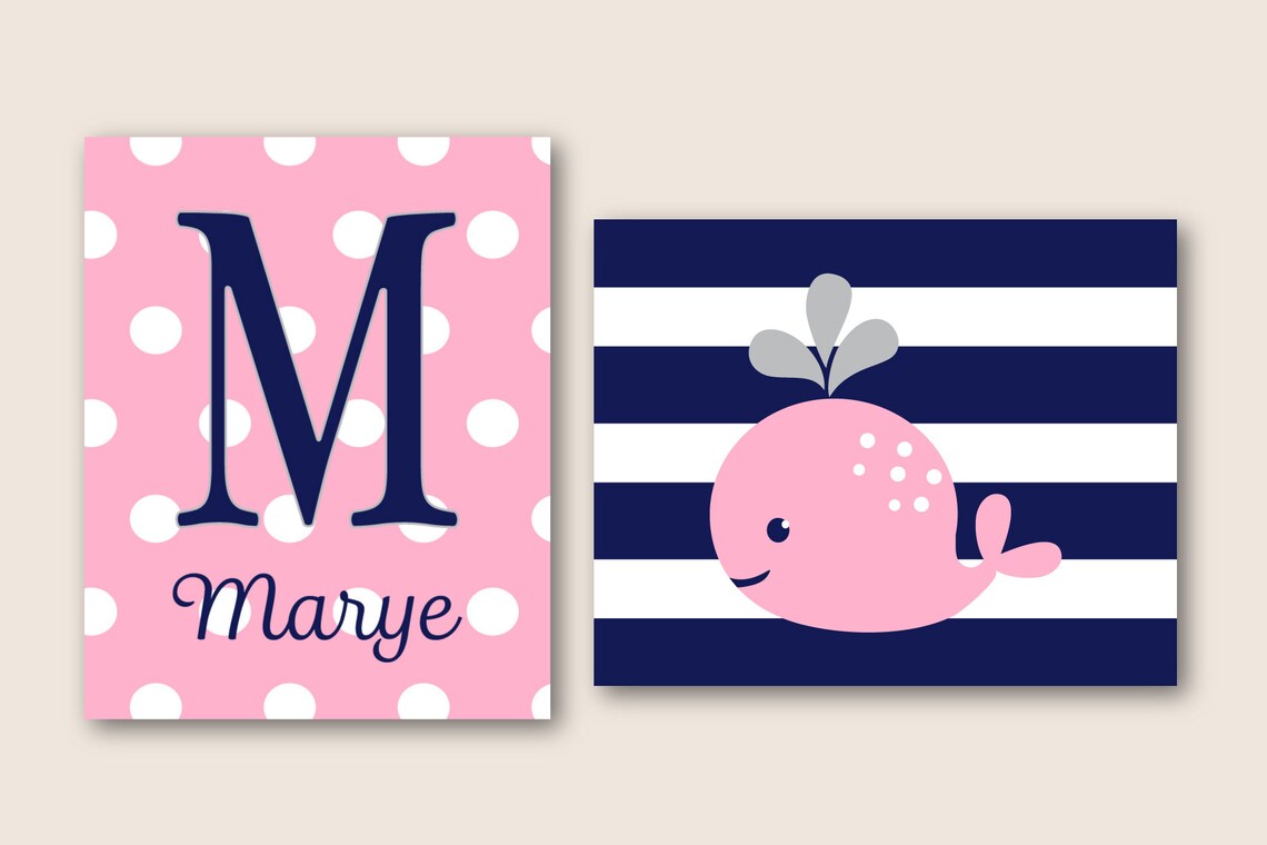 Girls Cute Nautical Navy Pink Nursery Bedroom Art Set, Personalized ...