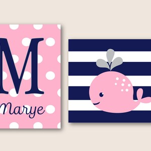 Girls Cute Nautical Navy Pink Nursery Bedroom Art Set, Personalized ...