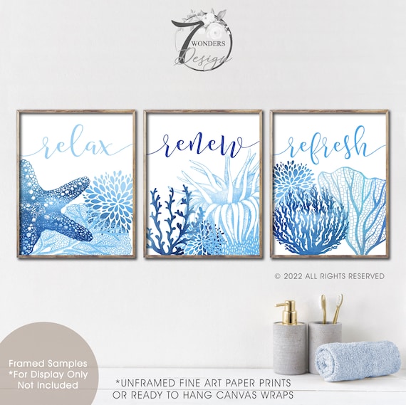 Relax Refresh Renew Ocean Blue Theme Bathroom Art Prints | Etsy