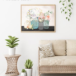 Mason Jar With Flowers Art, Farmhouse Floral Print Watercolor, Country ...