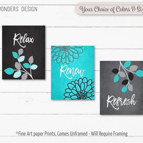Turquoise Gray Abstract Floral Art Set of 3 Wall Decor - Etsy