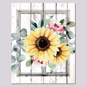 Rustic Farmhouse Kitchen Wall Art Print Sunflower Eucalyptus Faux Wood ...