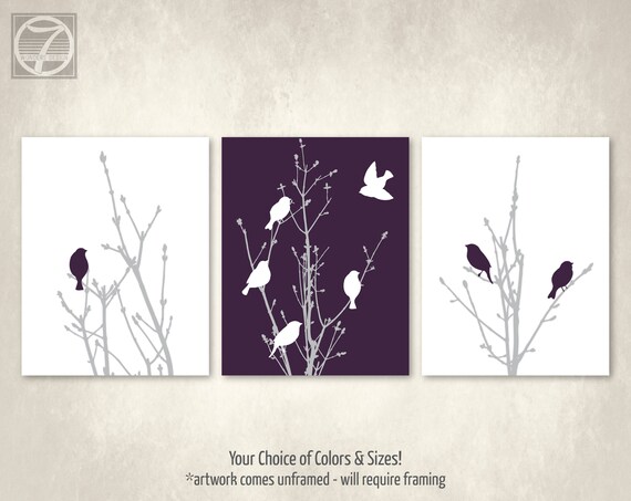 Birds on Tree Branches Art Triptych Modern Home Decor / Lt | Etsy