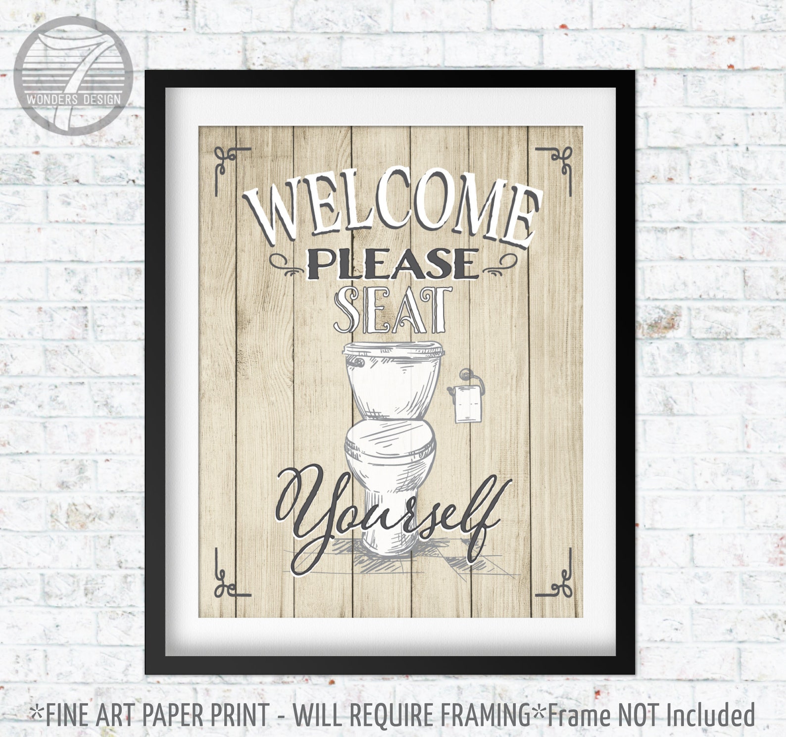 Rustic Funny Bathroom Art Print Welcome Please Seat Yourself Tan Faux ...