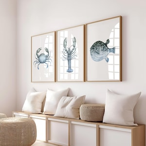 Boho Coastal Ocean Animal Wall Art Prints, Neutral Blue Sealife Modern ...