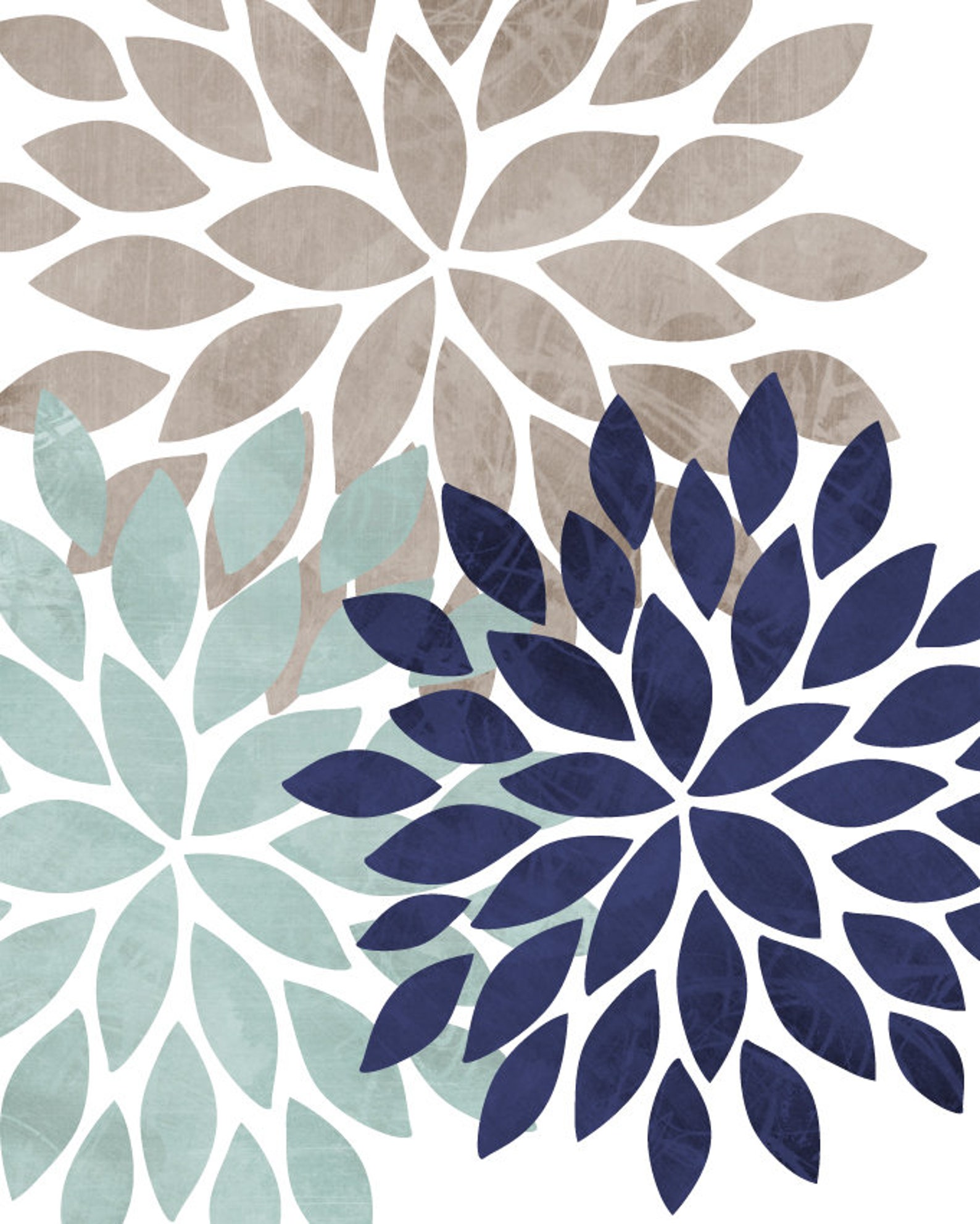 Distressed Neutral Flower Bursts, Navy Blue, Sepia, Seafoam Green ...