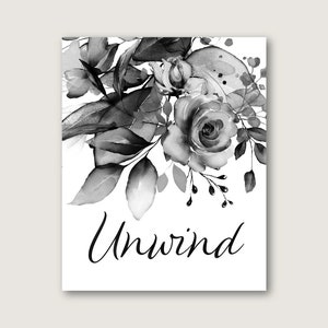 Farmhouse Watercolor Flowers Bathroom Art Relax Soak Unwind Black Gray ...