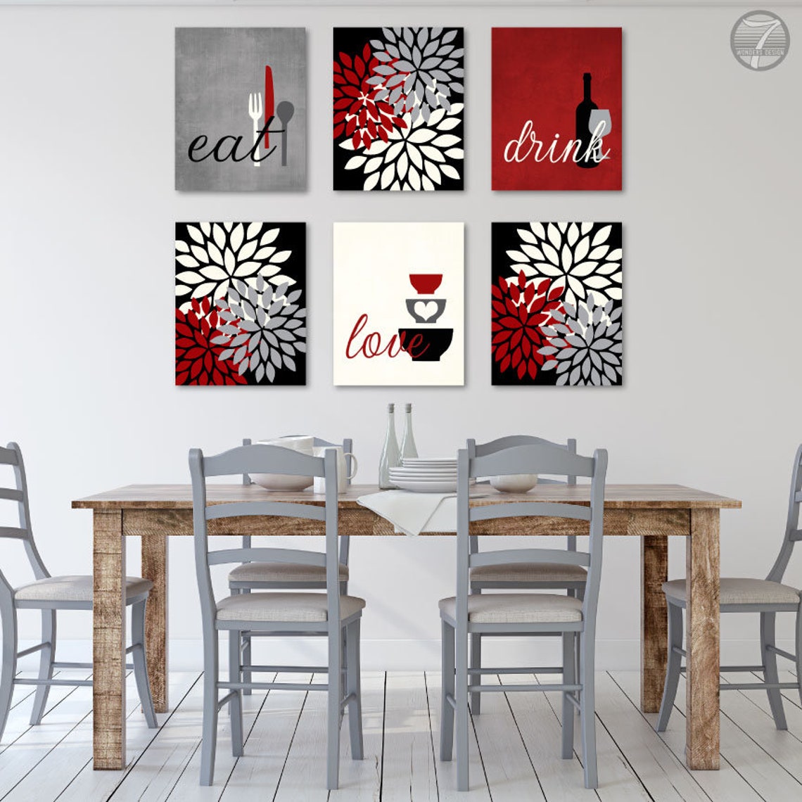 Kitchen Wall Art Print Set Eat Drink Love Flower Bursts | Etsy