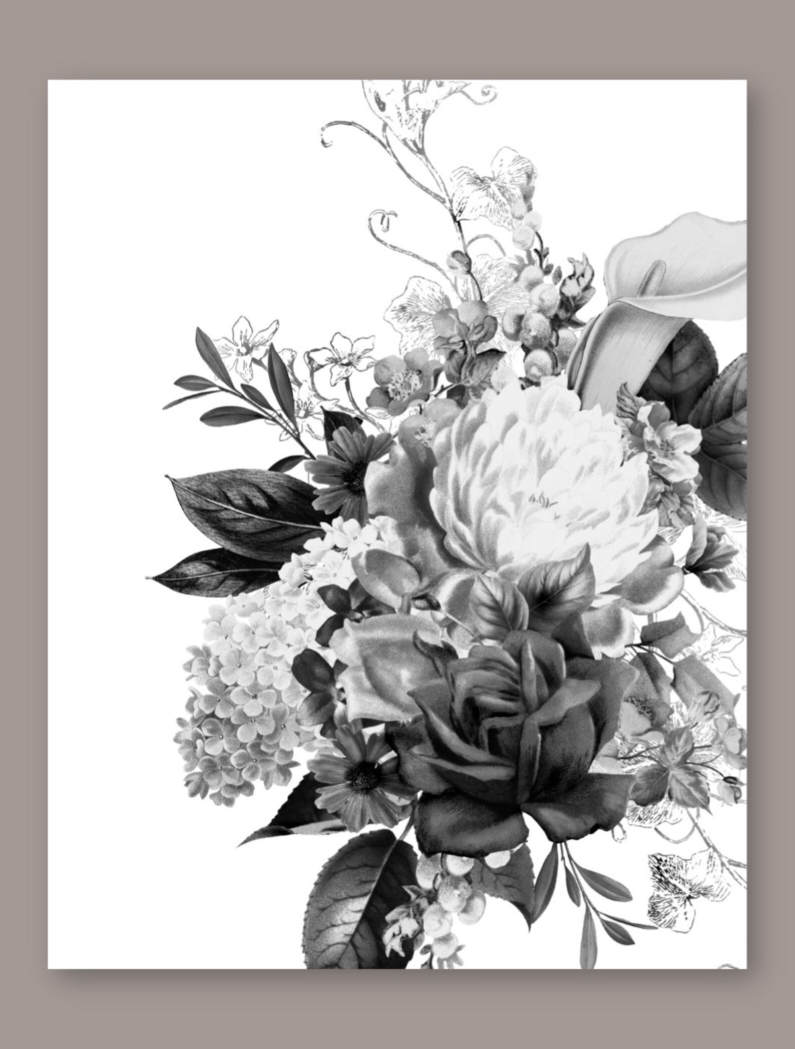 Modern Vintage Grayscale Black Grey Flowers Fine Art Prints Farmhouse ...
