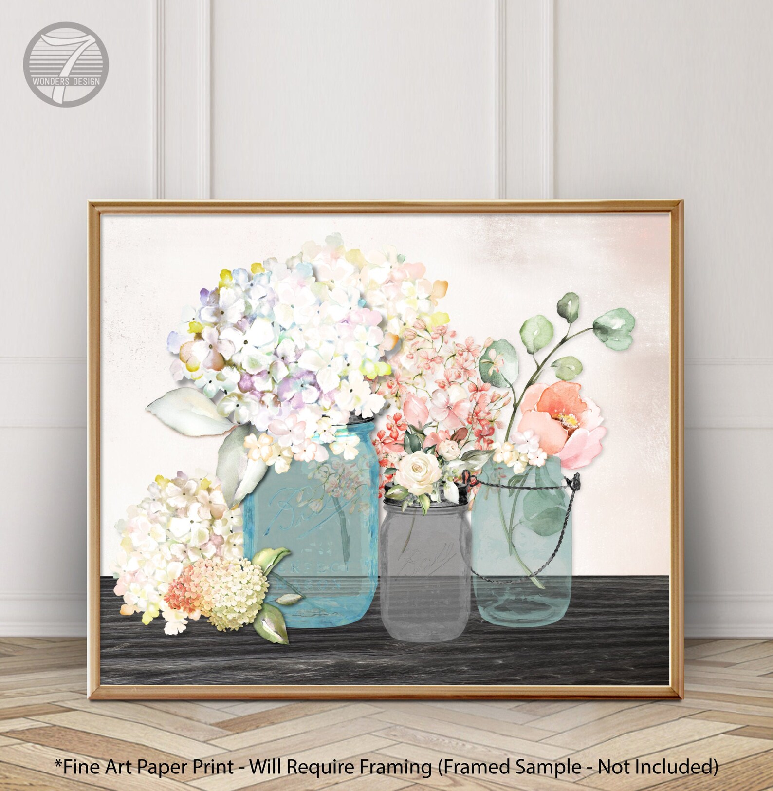 Mason Jar With Flowers Art Farmhouse Floral Print Watercolor | Etsy