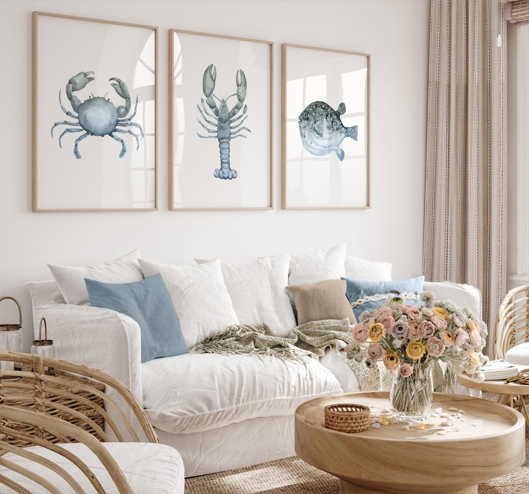 Boho Coastal Ocean Animal Wall Art Prints, Neutral Blue Sealife Modern ...
