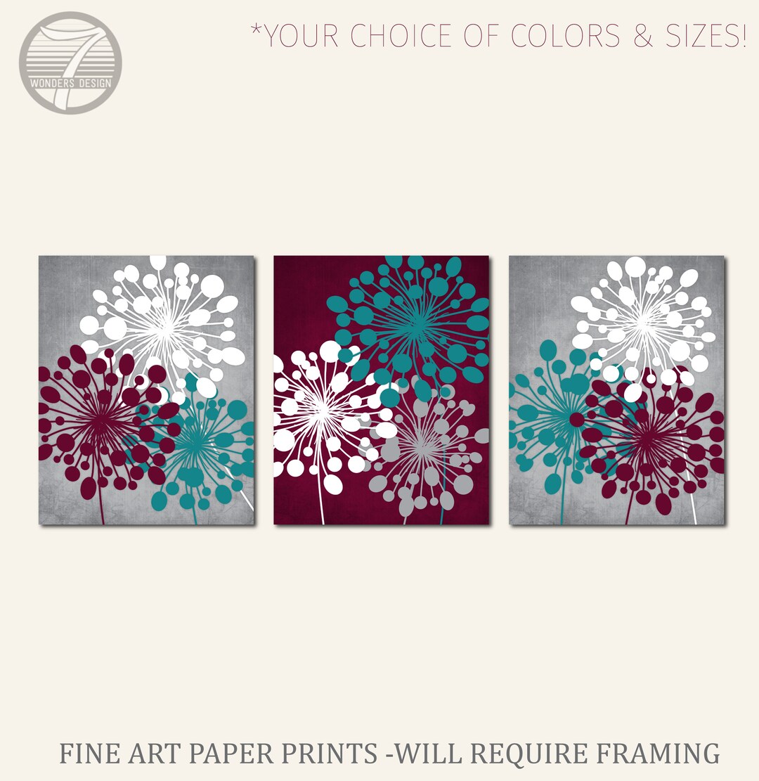 Dandelion Abstract Wall Art Prints Maroon Teal Grey Modern Flower ...