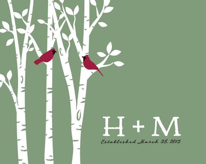 Couples Birch Tree Art Personalized Initials Cardinal Birds | Etsy