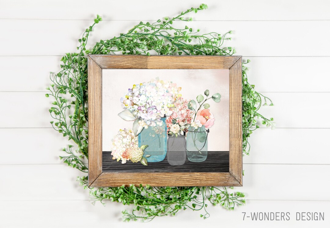 Mason Jar With Flowers Art, Farmhouse Floral Print Watercolor, Country ...