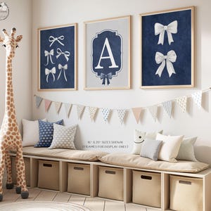 Bow Print, Coquette Bows Girls Art Prints Navy Grey Bow Custom Initial ...