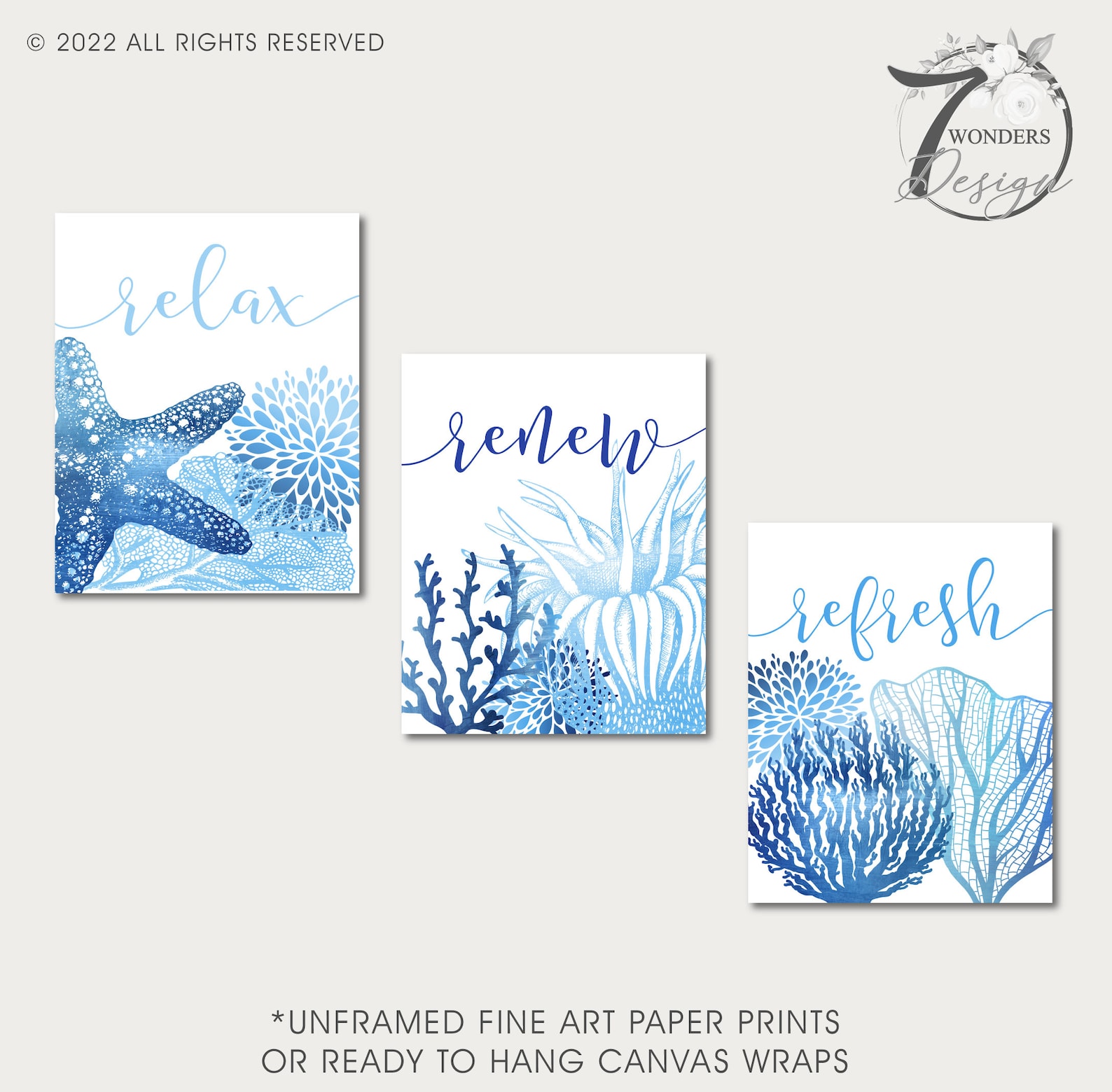 Relax Refresh Renew Ocean Blue Theme Bathroom Art Prints | Etsy
