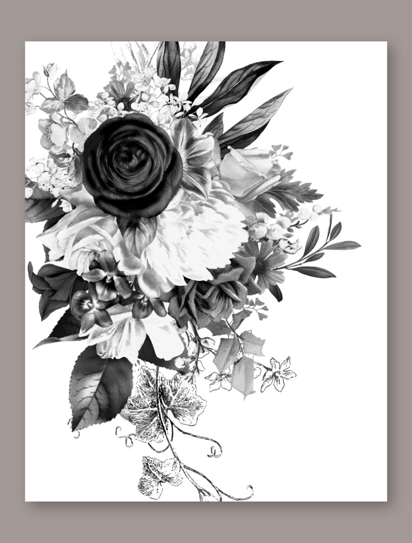 Modern Vintage Grayscale Black Grey Flowers Fine Art Prints Farmhouse ...