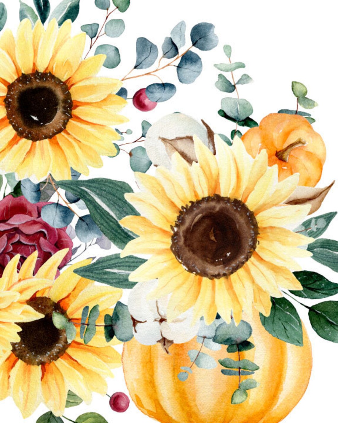 Autumn Fall Watercolor Pumpkin Sunflower Cotton Art Prints | Etsy