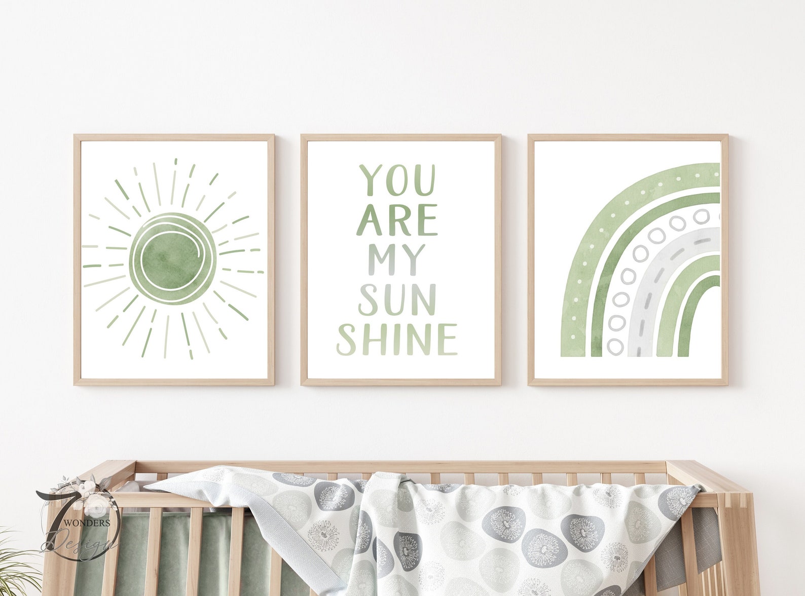 Boys Boho Nursery Green Gray Rainbow Prints You Are My Sunshine Wall ...