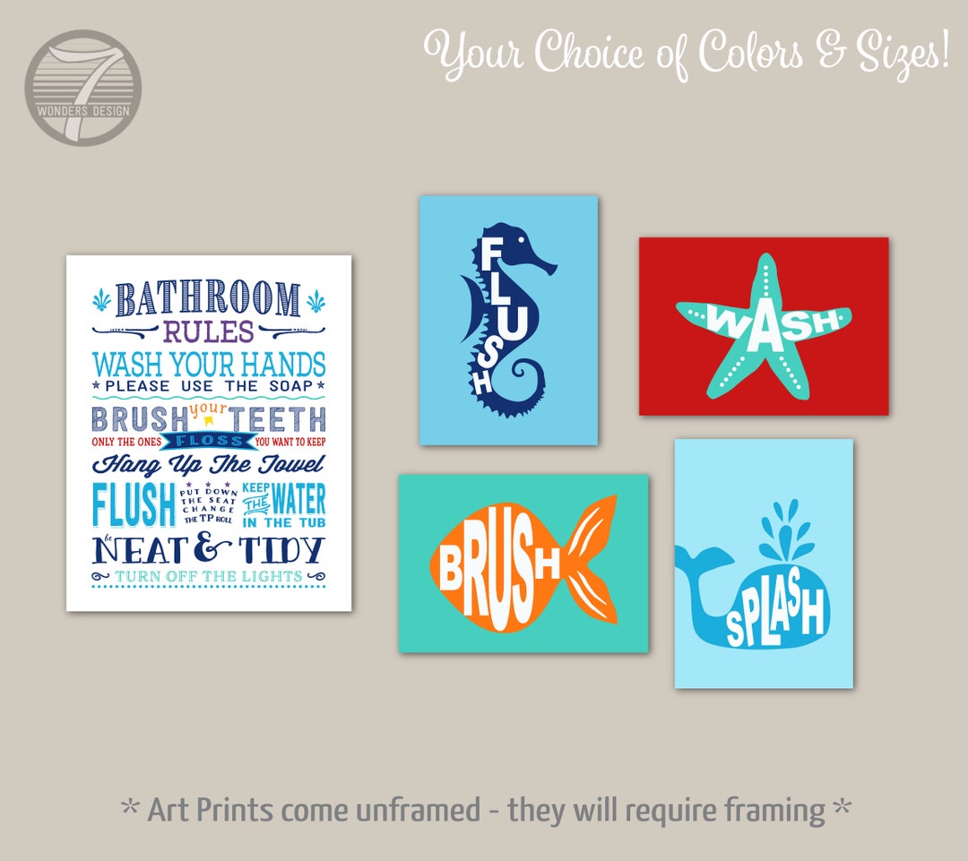 Girls and Boys Bathroom Rules Art Prints, Brush, Wash, Flush, Mermaid ...