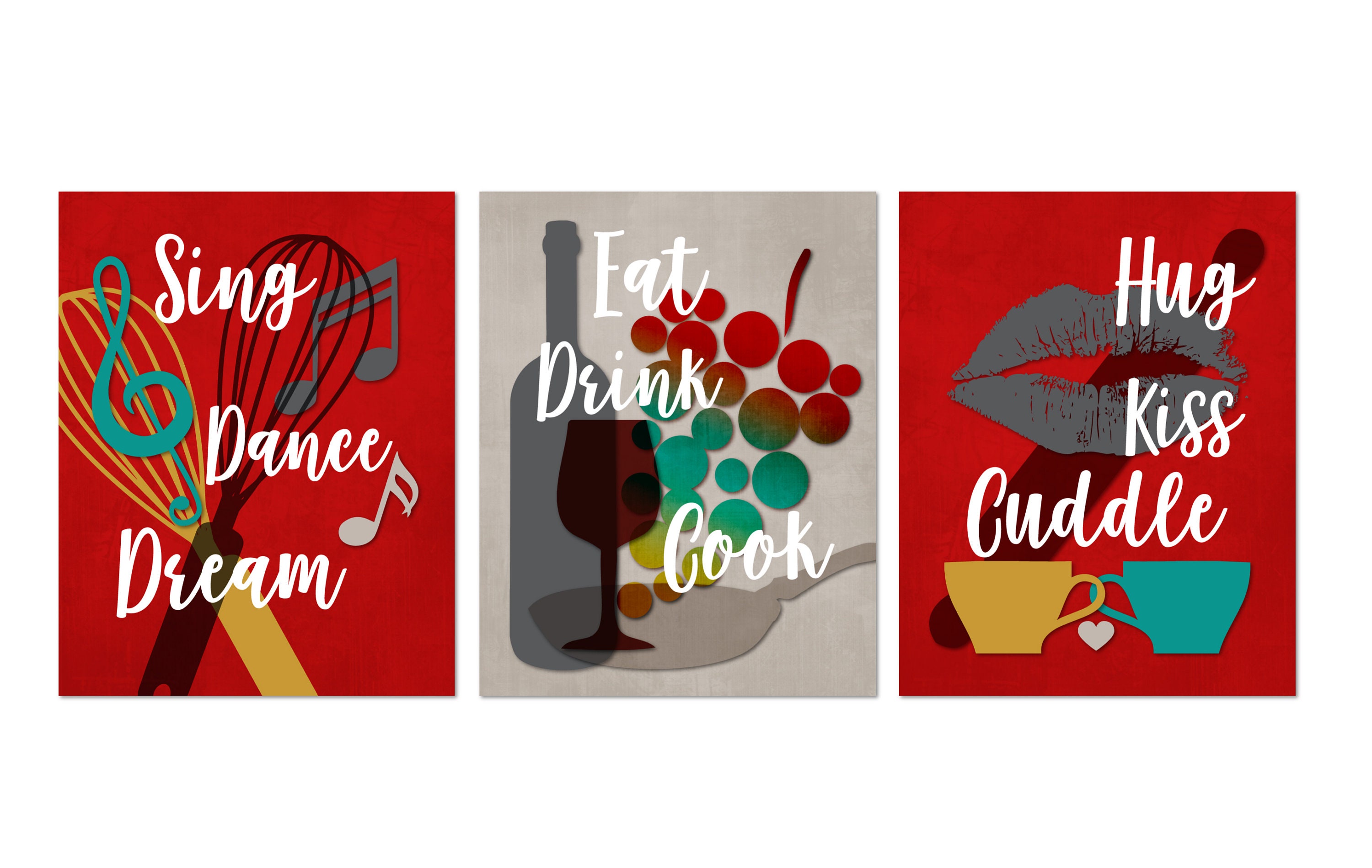 Cute Fun Kitchen Wall Art Print Set Couples Art Red Teal - Etsy