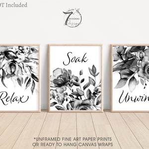 Farmhouse Watercolor Flowers Bathroom Art Relax Soak Unwind Black Gray ...