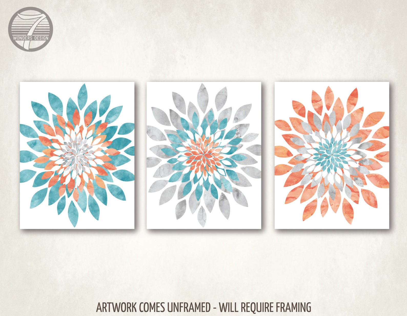 Modern Flower Bursts Watercolors Fine Art Print Sea Blue Peach Coral ...