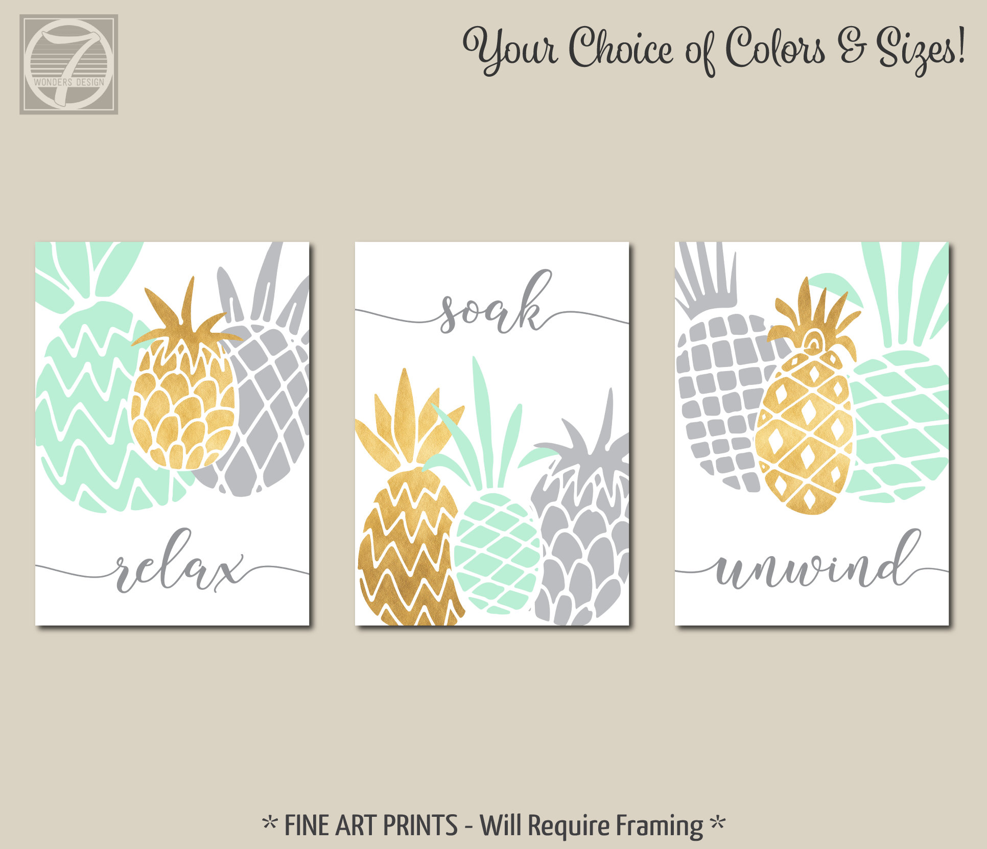 Relax Soak Unwind Pineapple Theme Bathroom Art Faux Gold | Etsy