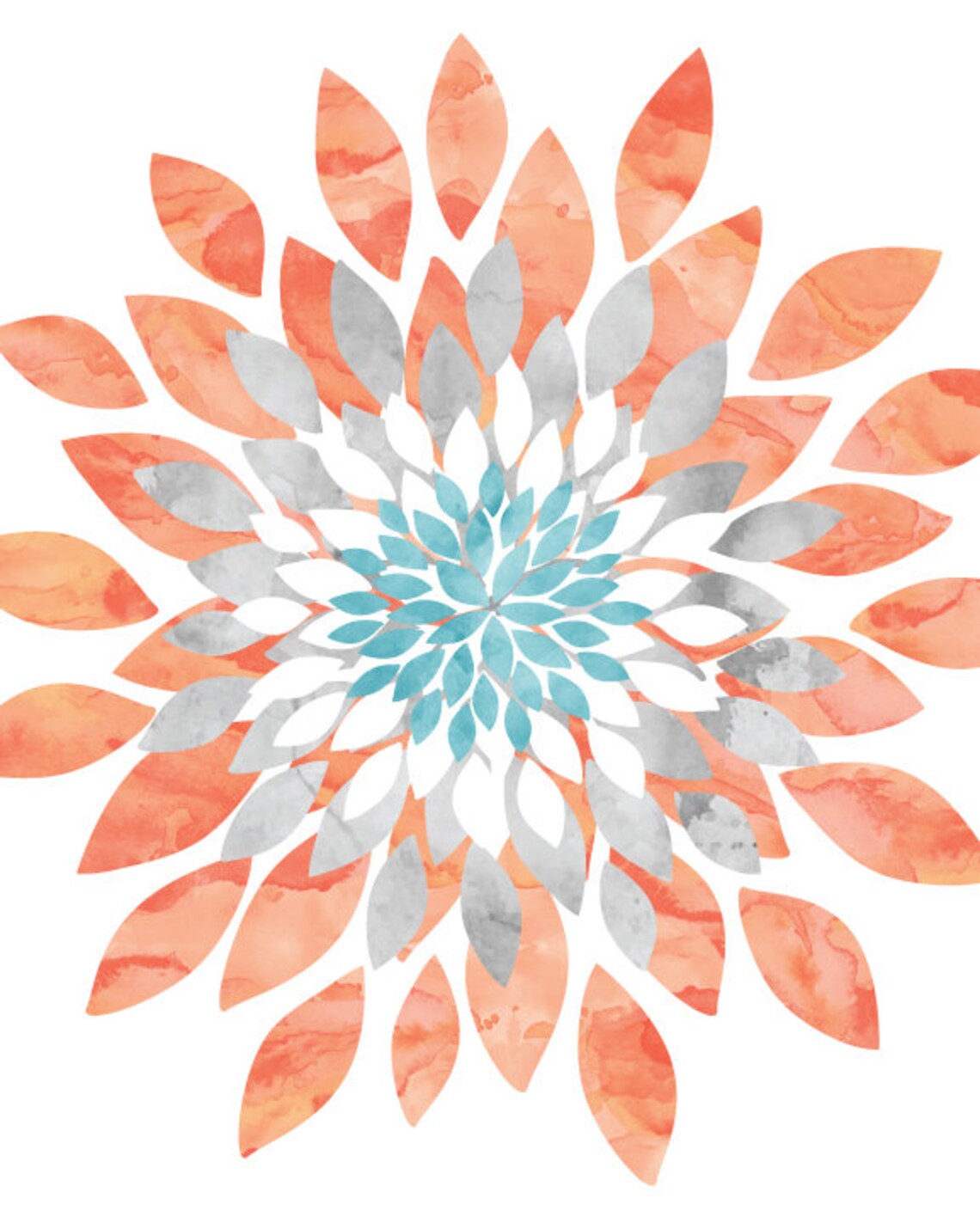 Modern Flower Bursts Watercolors Fine Art Print Sea Blue Peach Coral ...