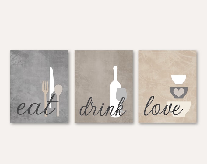 Kitchen Wall Art Print Set Eat Drink Love Neutral Colors - Etsy
