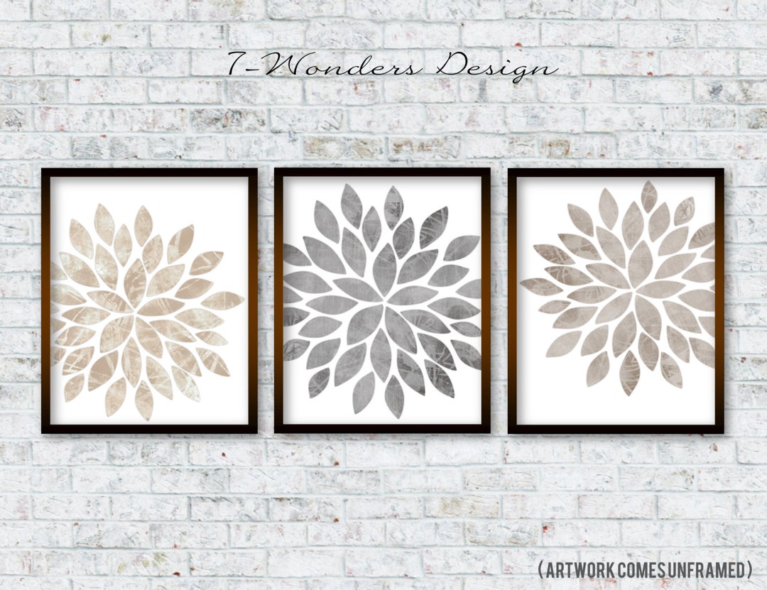 Modern Flower Burst Distressed Look Neutral Colors Fine Art Print Set ...