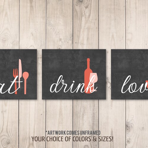 Kitchen Wall Art Print Set Eat Drink Love Charcoal Turquoise | Etsy