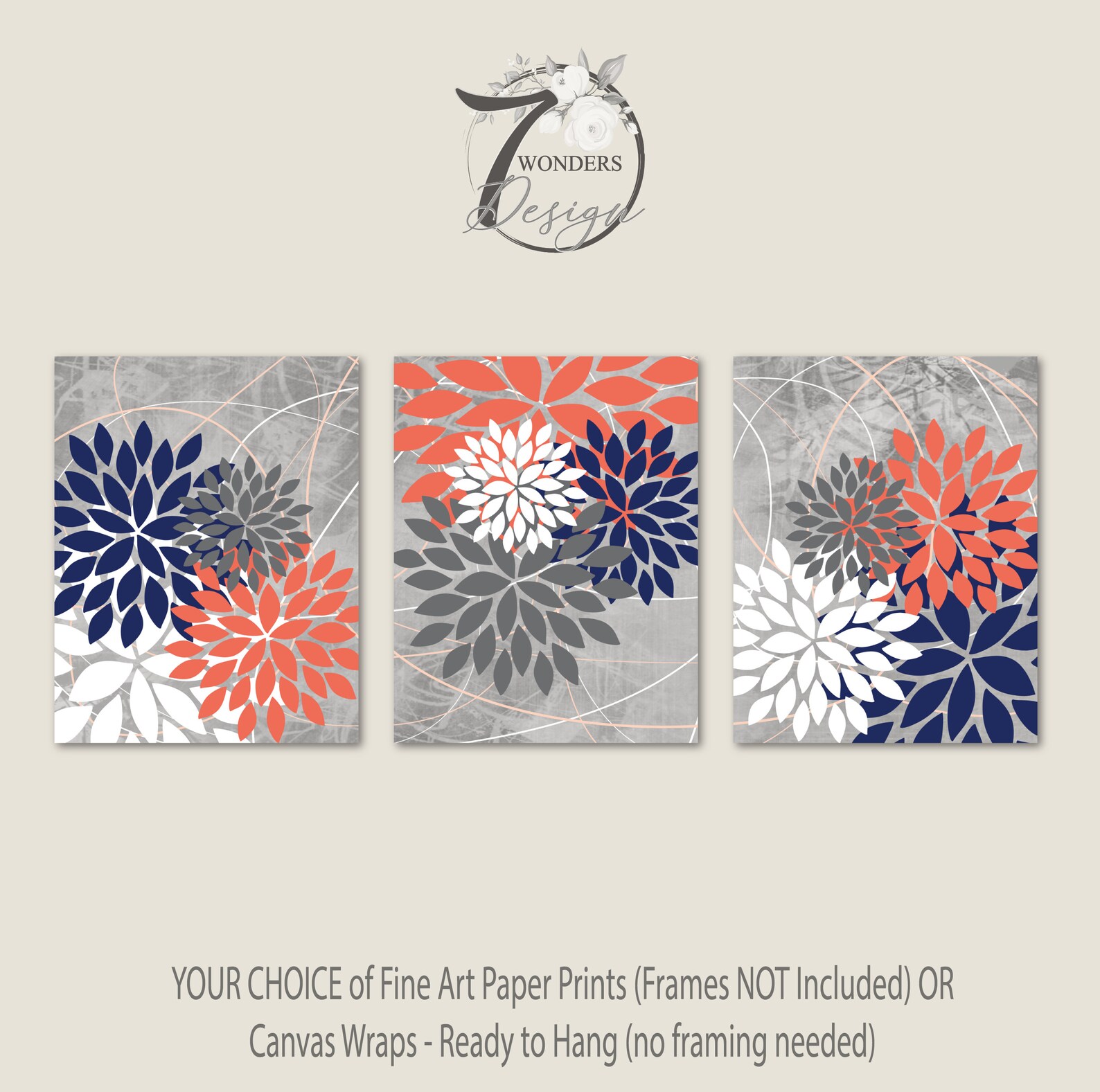 Floral Bursts Distressed Texture Wall Art Prints, Coral Grey Navy White ...