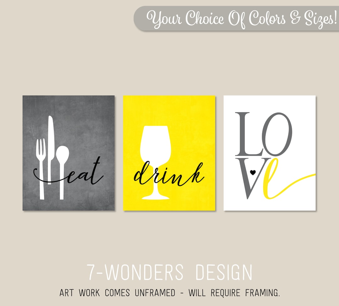 Kitchen Wall Art Prints, Eat Drink Love Utensils Wine Glass Gray Yellow ...