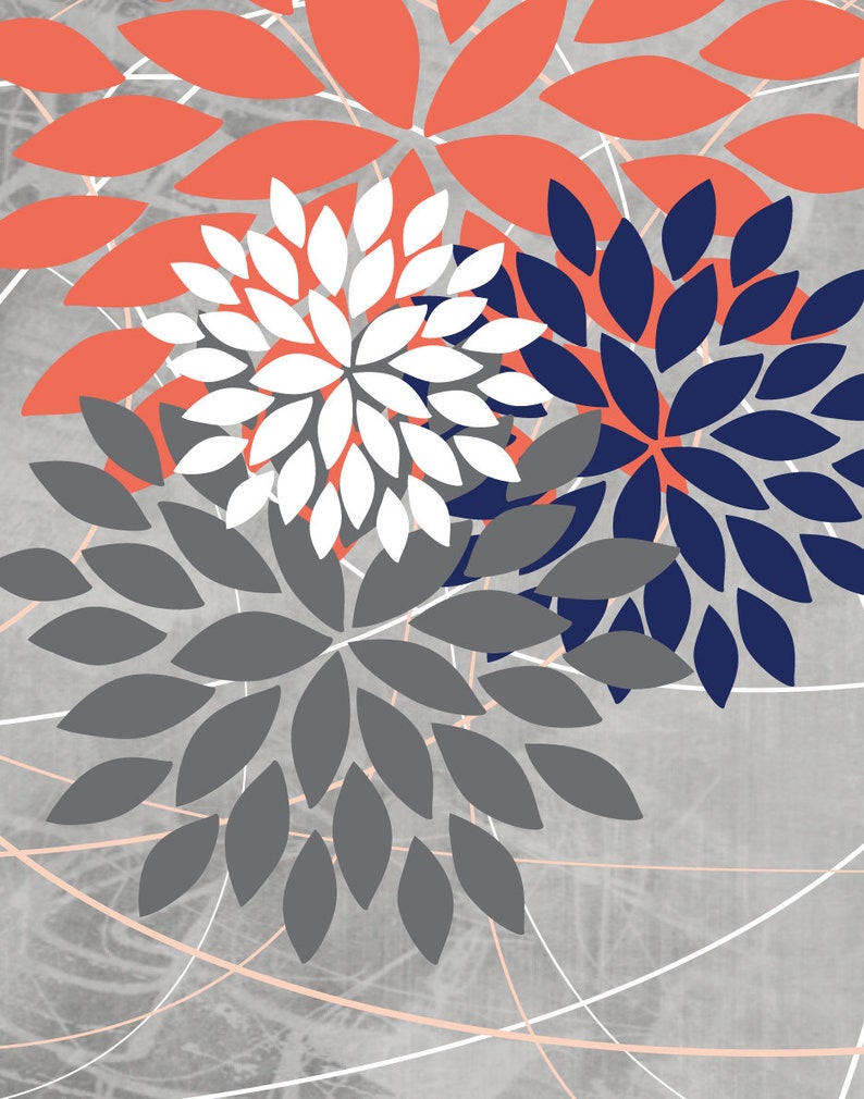 Floral Bursts Distressed Texture Wall Art Prints, Coral Grey Navy White ...